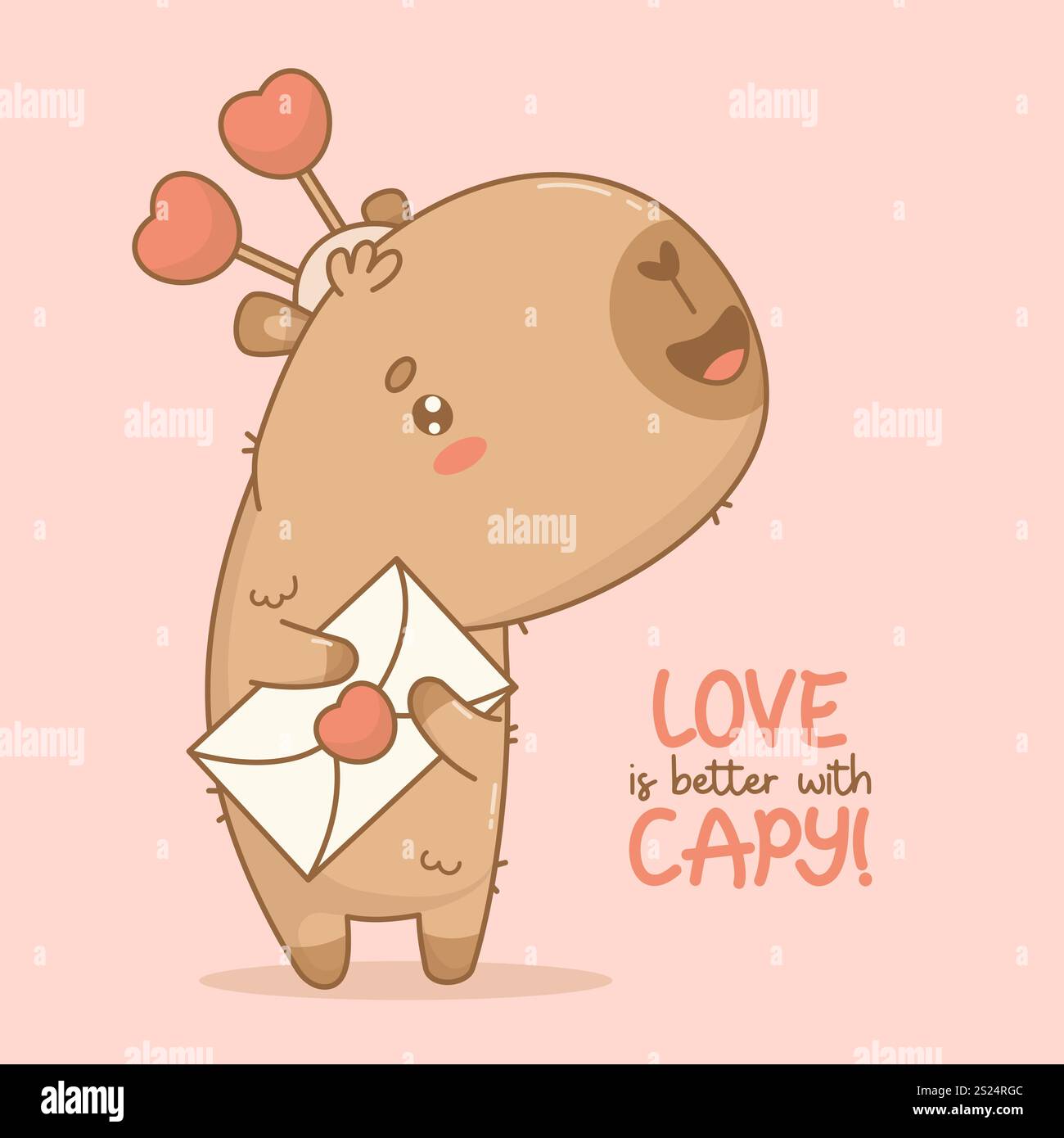 Adorable cartoon capybara holding love letter with heart. Cute romantic ...