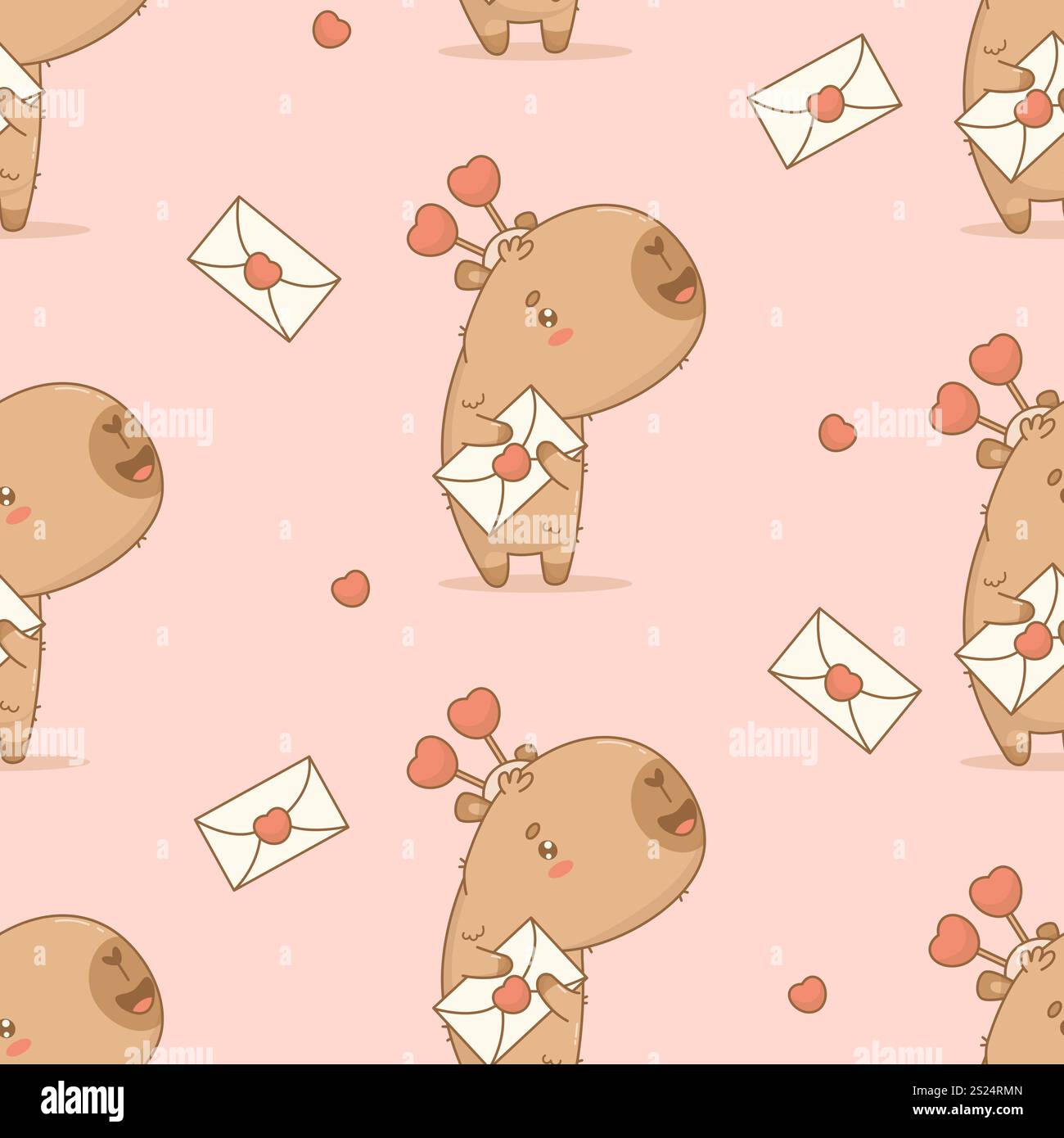Seamless pattern with Cute romantic cartoon capybara with love letter ...