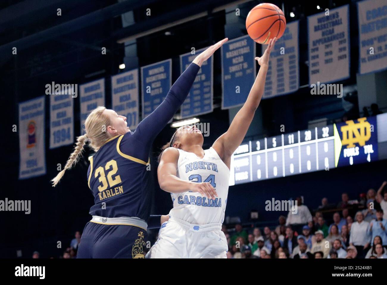 North Carolina guard Indya Nivar (24) drives against Notre Dame forward ...