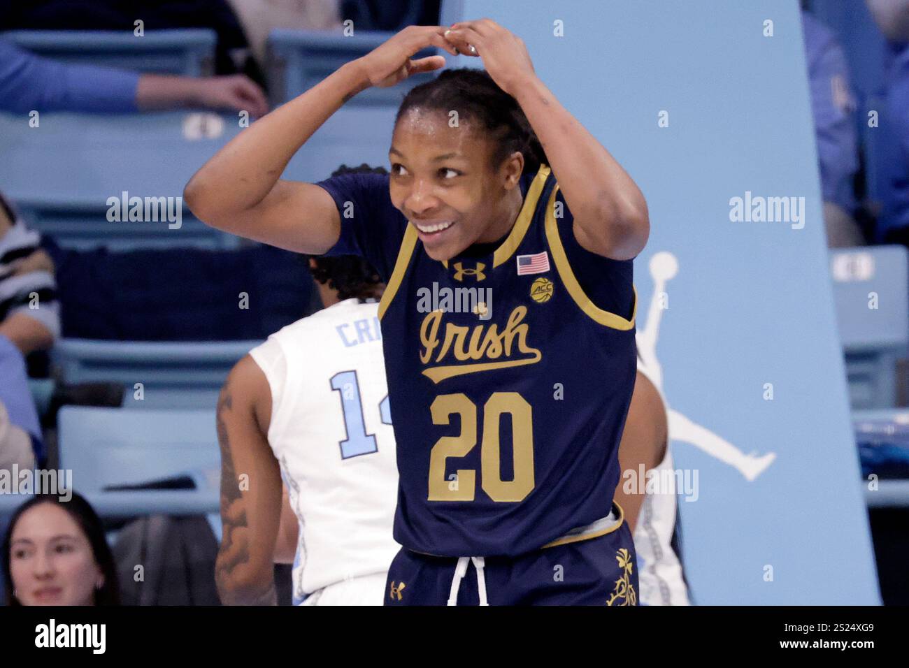 Notre Dame forward Liatu King (20) reacts after being called for a foul ...