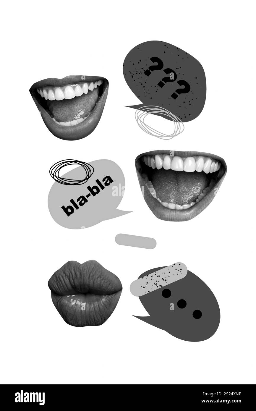 Vertical collage photo of talking mouth people conversation phrases ...