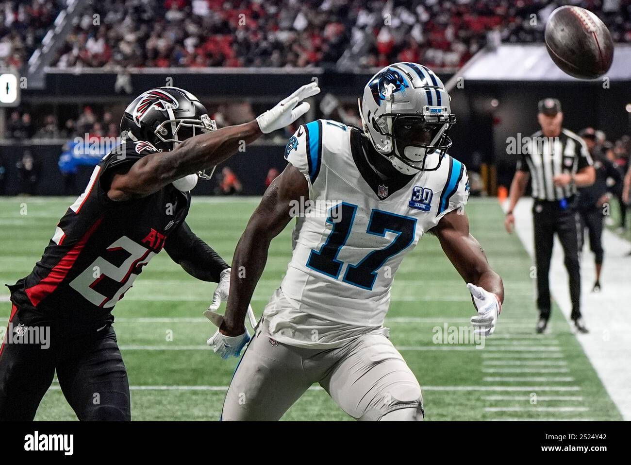 Carolina Panthers wide receiver Xavier Legette (17) misses a catch in ...