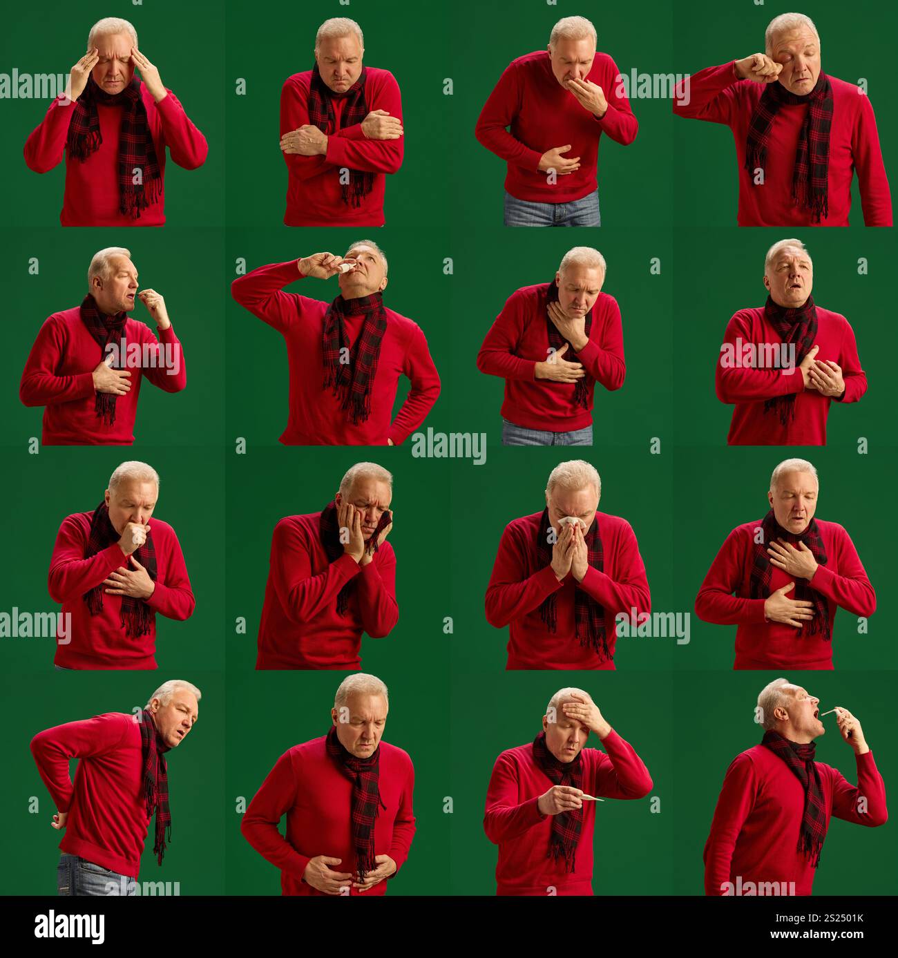Collage. Elderly man in red sweater and scarf presenting various ...