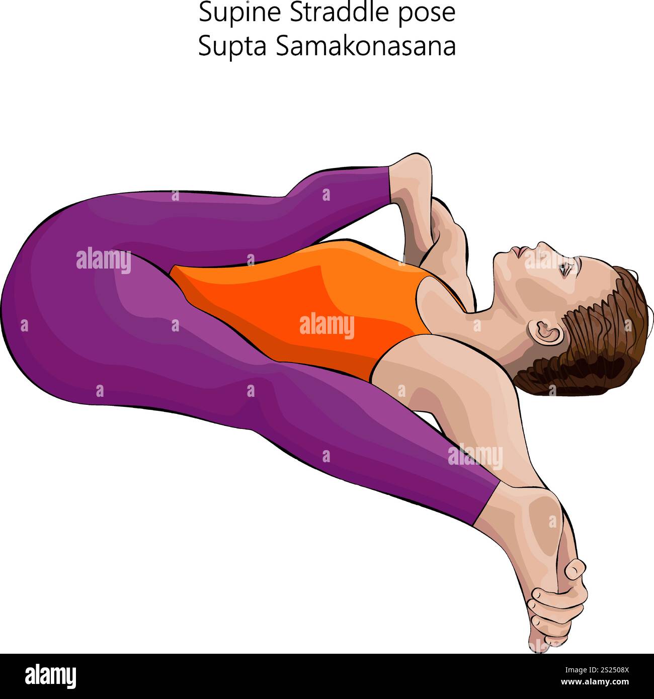 Woman practicing Supta Samakonasana yoga pose. Supine Straddle pose or ...