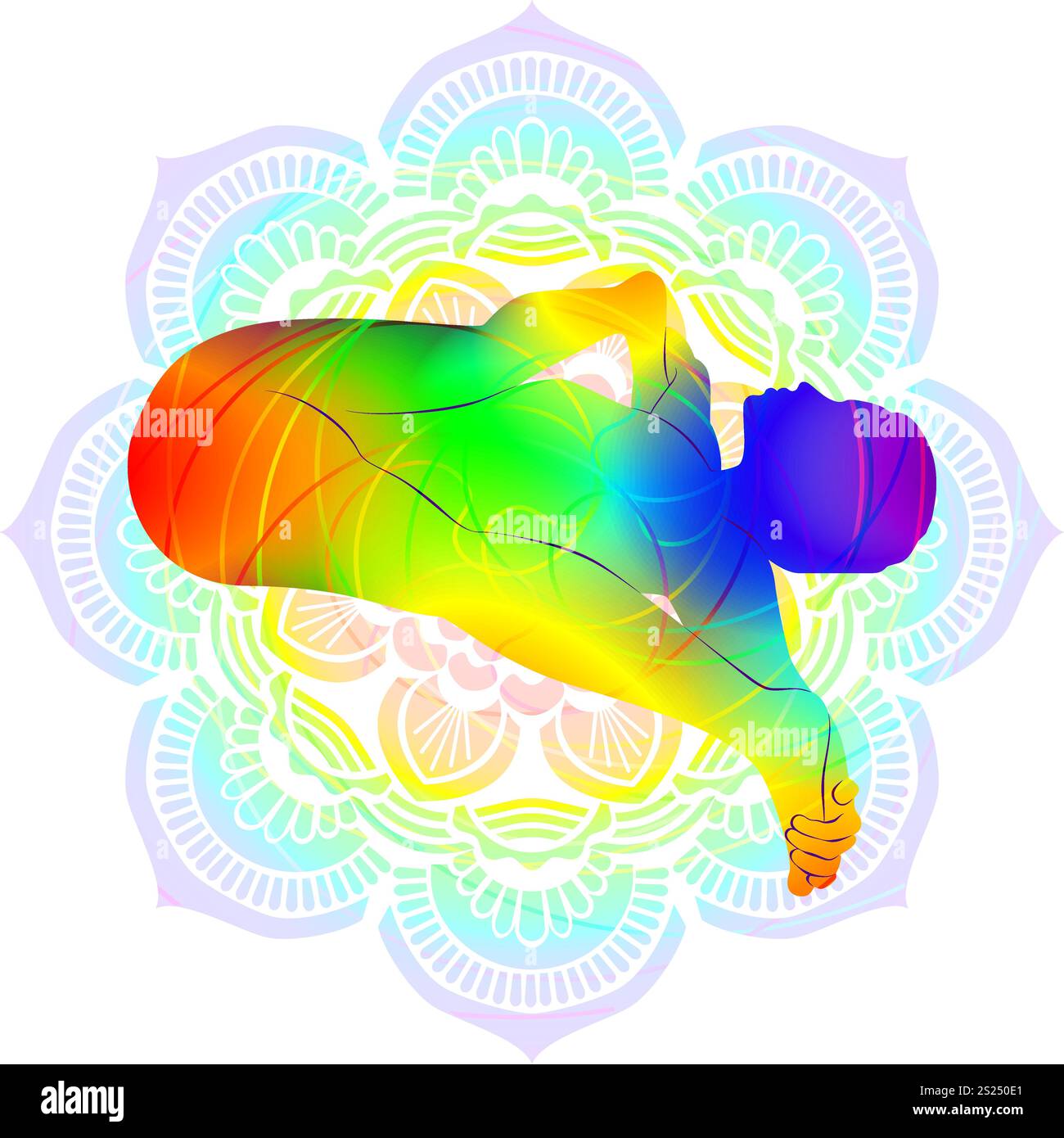 Colorful silhouette of woman practicing Supta Samakonasana yoga pose ...