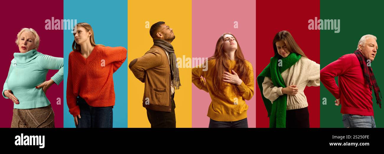 Diverse group of people of different age and gender showing back pain ...