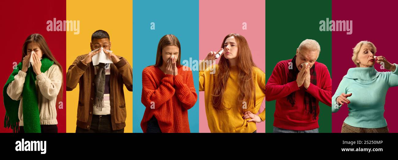 Collage of people of different age and gender sneezing and displaying ...