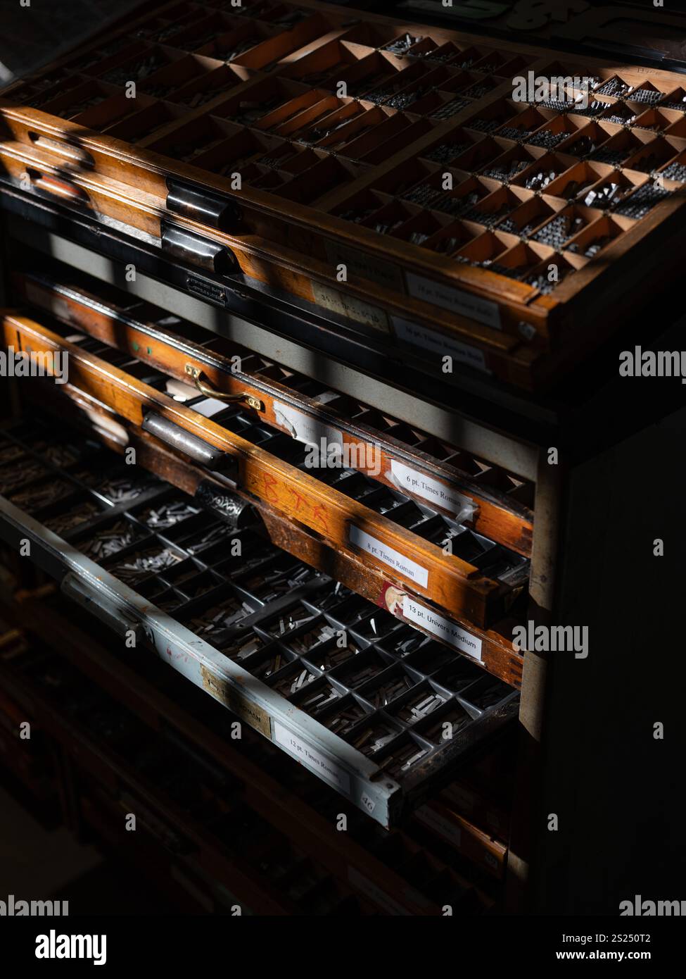A letterpress printers cabinet with drawers with typeface names Stock ...