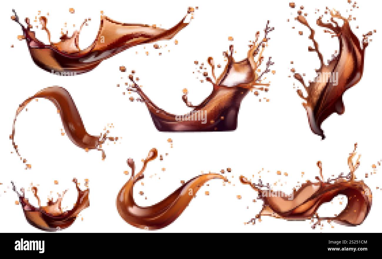 Realistic coffee splashes. Brown water liquid splash, cacao fluid spill ...