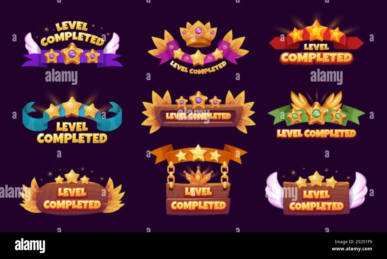 Game level complete. Completed gaming map or victory win achievement ui badges, stars on board ...