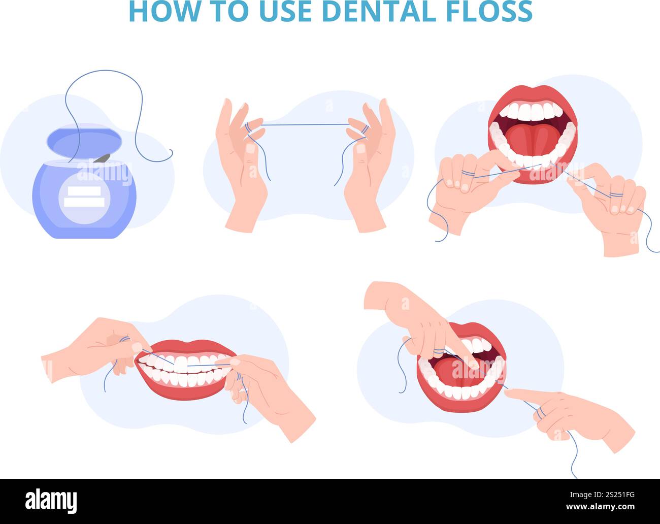 Dental floss use. How tooth flossing hand clean teeth step instruction ...