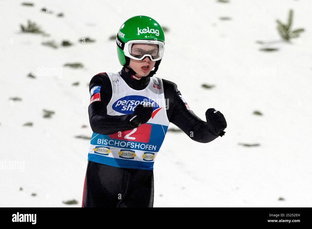 Maximilian Ortner, of Austria, reacts after his first round jump at the ...