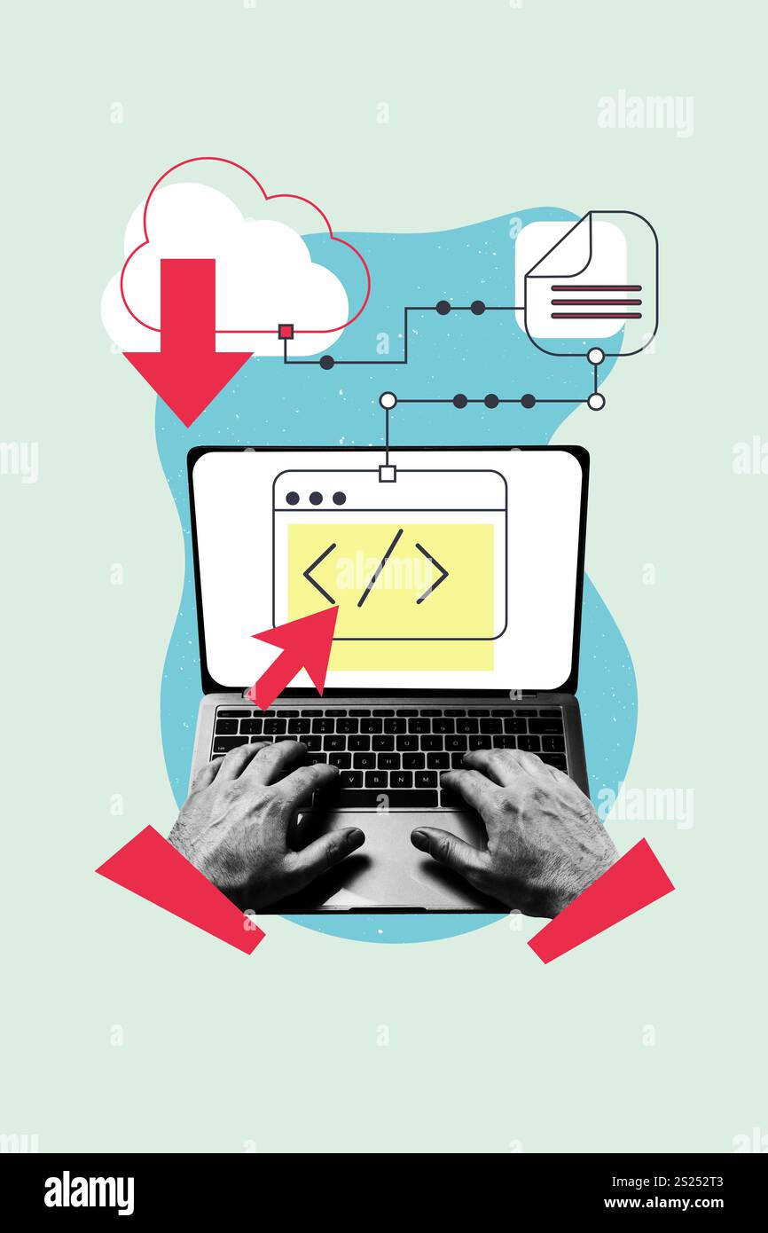 Exclusive image vertical photo collage of hands type keypad laptop ...