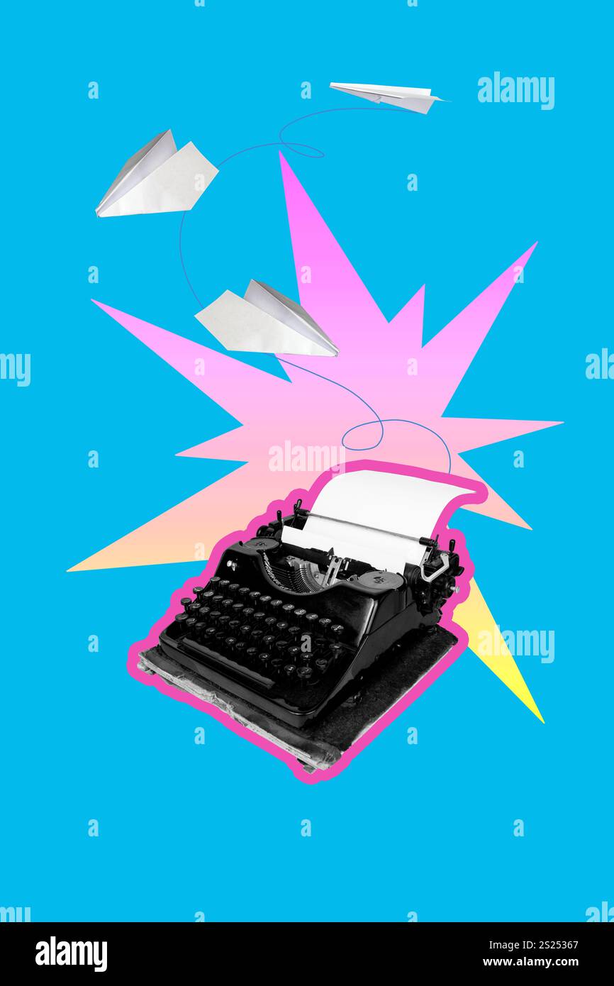 Vertical art creative trend collage of retro typewriter tool paper ...