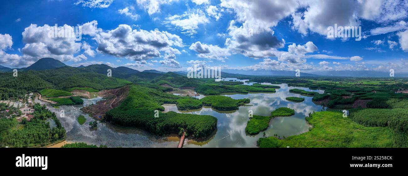 Aerial view of the forest with lakes and rivers near My Son ruin in ...