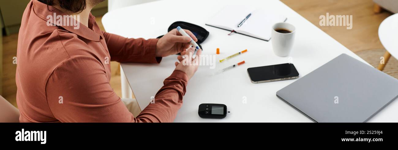 Young man with diabetes manages his daily routine, checking blood sugar ...