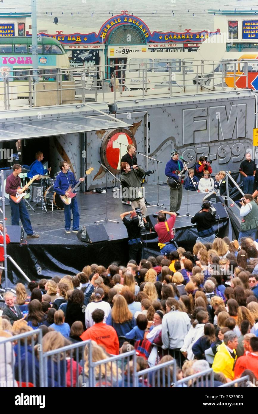 Britpop band, Menswear, Johnny Dean performing at the Radio 1 Roadshow ...