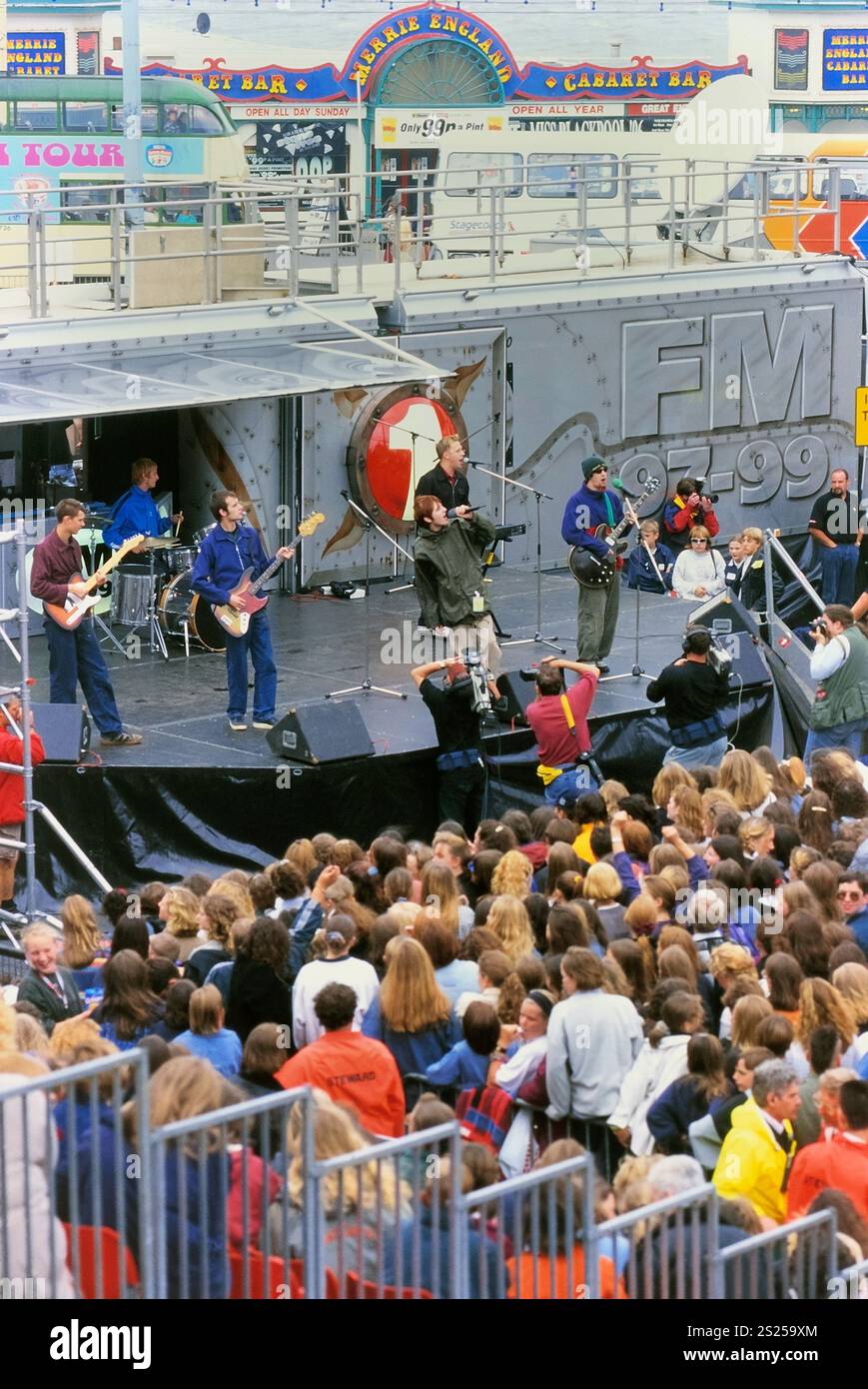 Britpop band, Menswear, Johnny Dean performing at the Radio 1 Roadshow ...