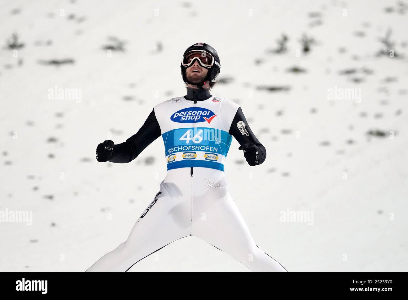 Kevin Bickner, of the United States, reacts after his second round jump ...