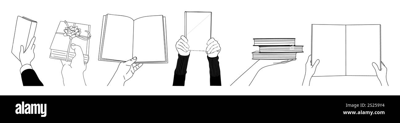 Hands holding, giving, sharing paper books set Stock Vector Image & Art ...