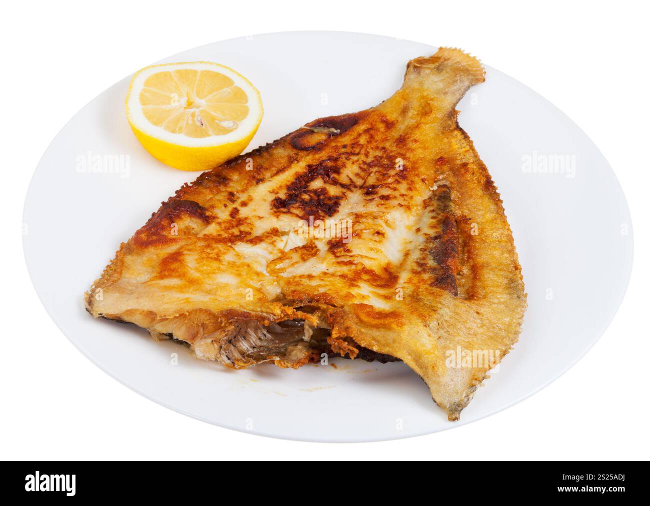 fried sole fish with lemon on white plate isolated on white background ...
