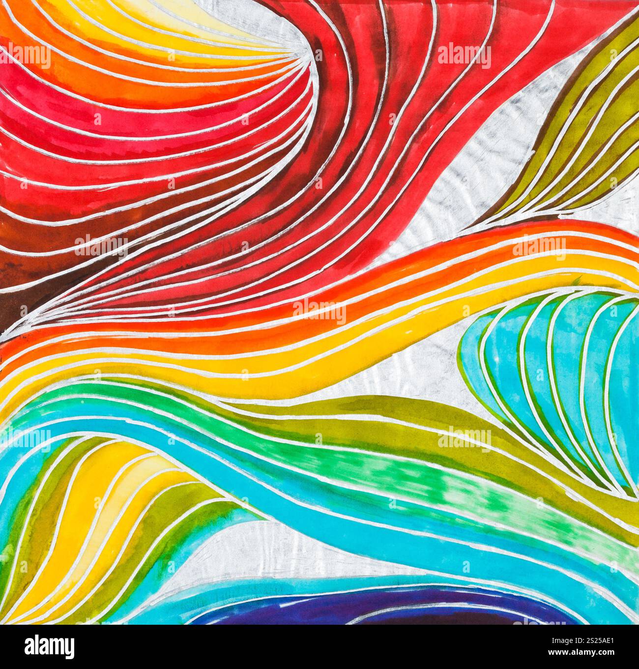 abstract wave pattern drawn by watercolor paints and gel pen on tracing ...