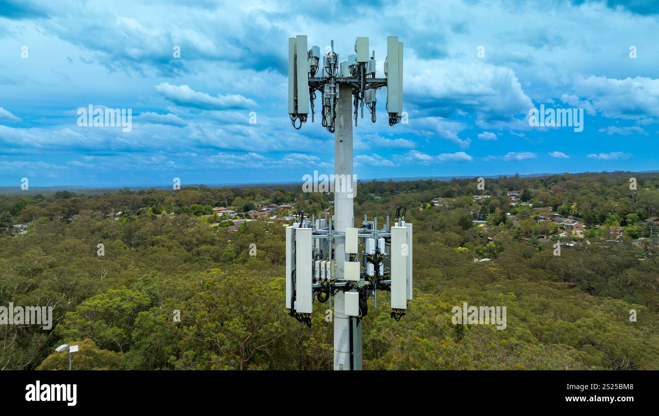 Drone aerial photograph of the top section of a telecommunications ...