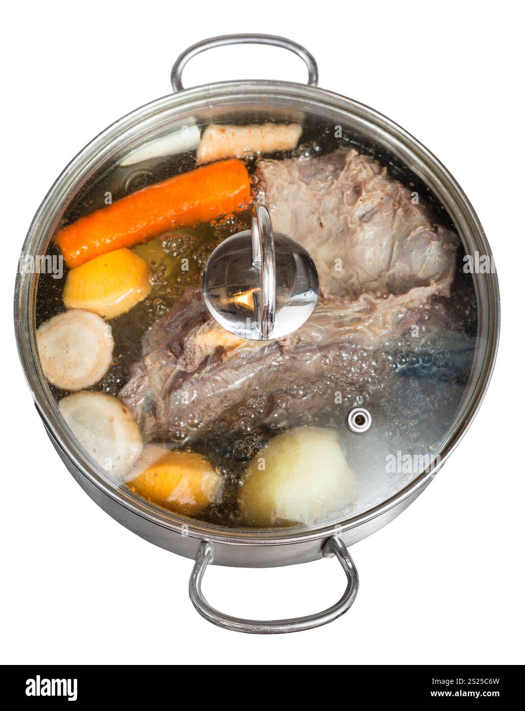 simmer of beef broth with seasoning vegetables in steel pan isolated on ...