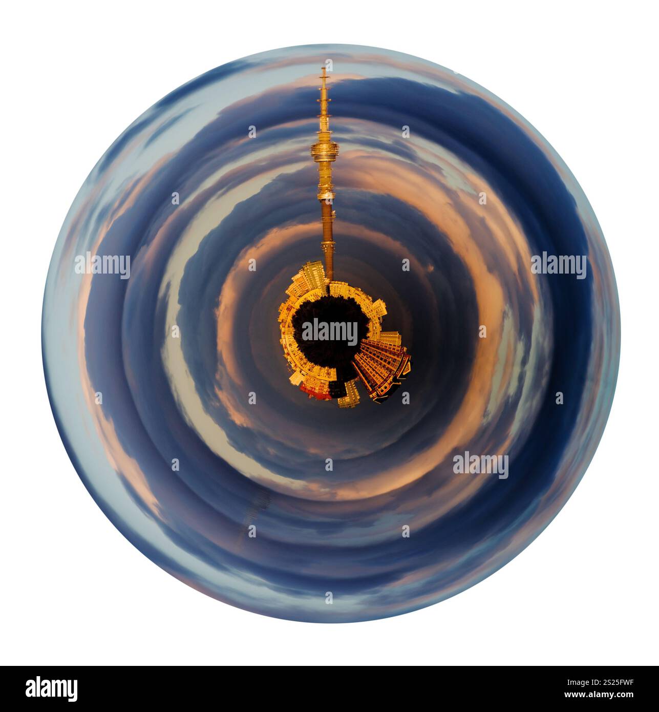 little planet - spherical panorama of sunset with dark blue clouds ...