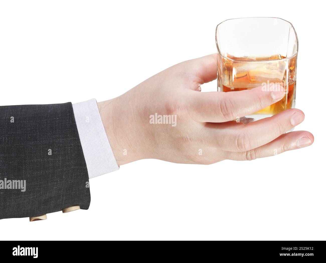 whisky with ice glass in businessman hand isolated on white background ...