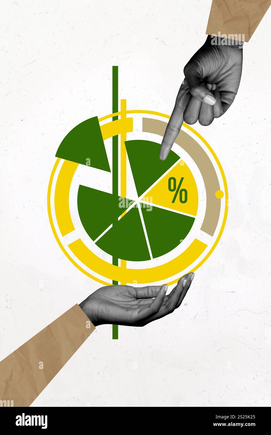 Vertical photo collage of hands hold diagram statistics percent arm ...