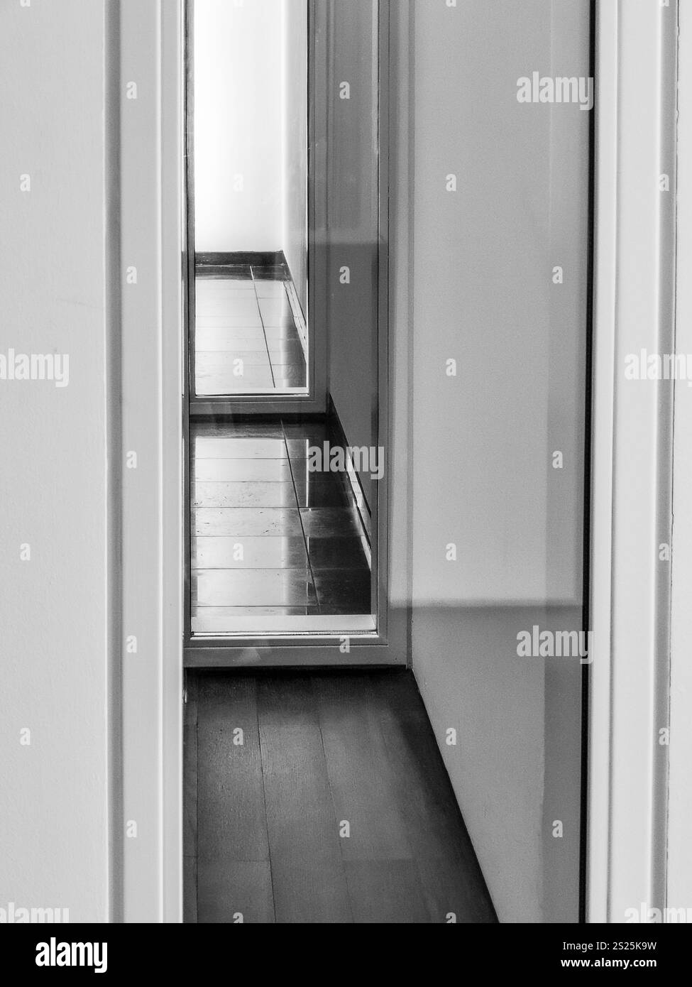 A narrow corridor showcases a minimalist design, with smooth wooden ...