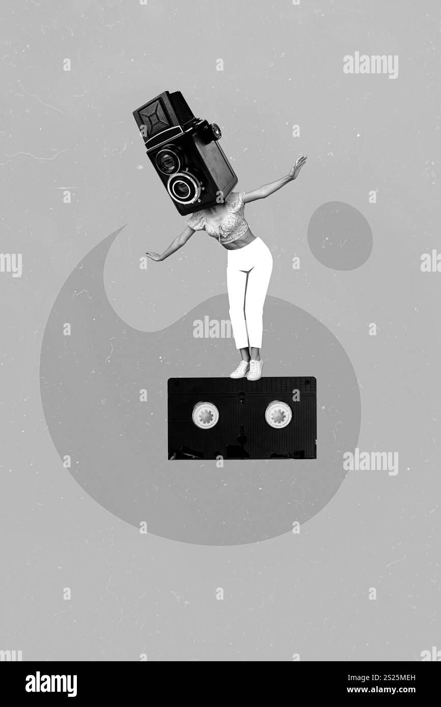 Creative retro 3d magazine collage image of lady retro camera instead ...