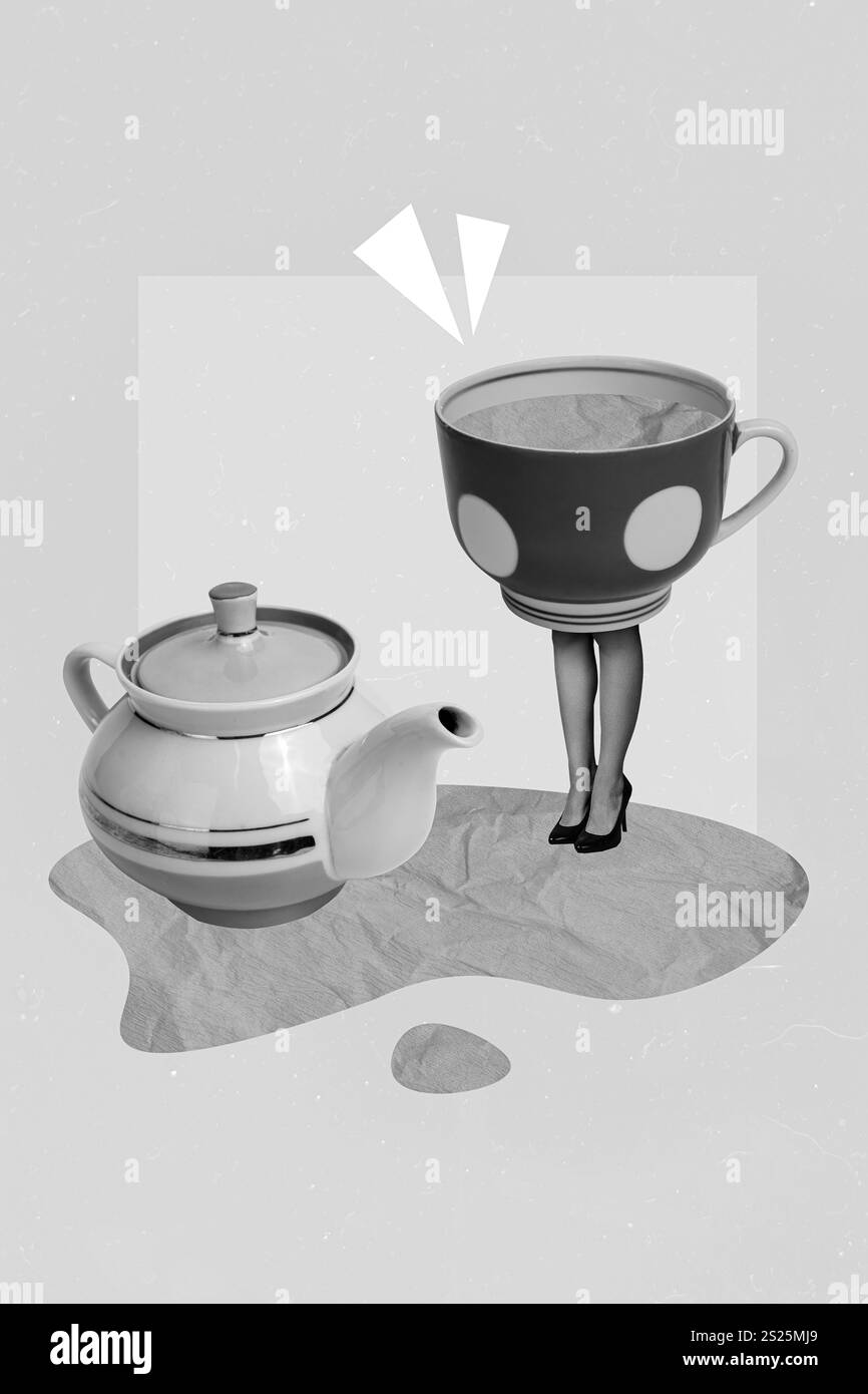 Vertical collage illustration of tea pot cup black white colors legs ...