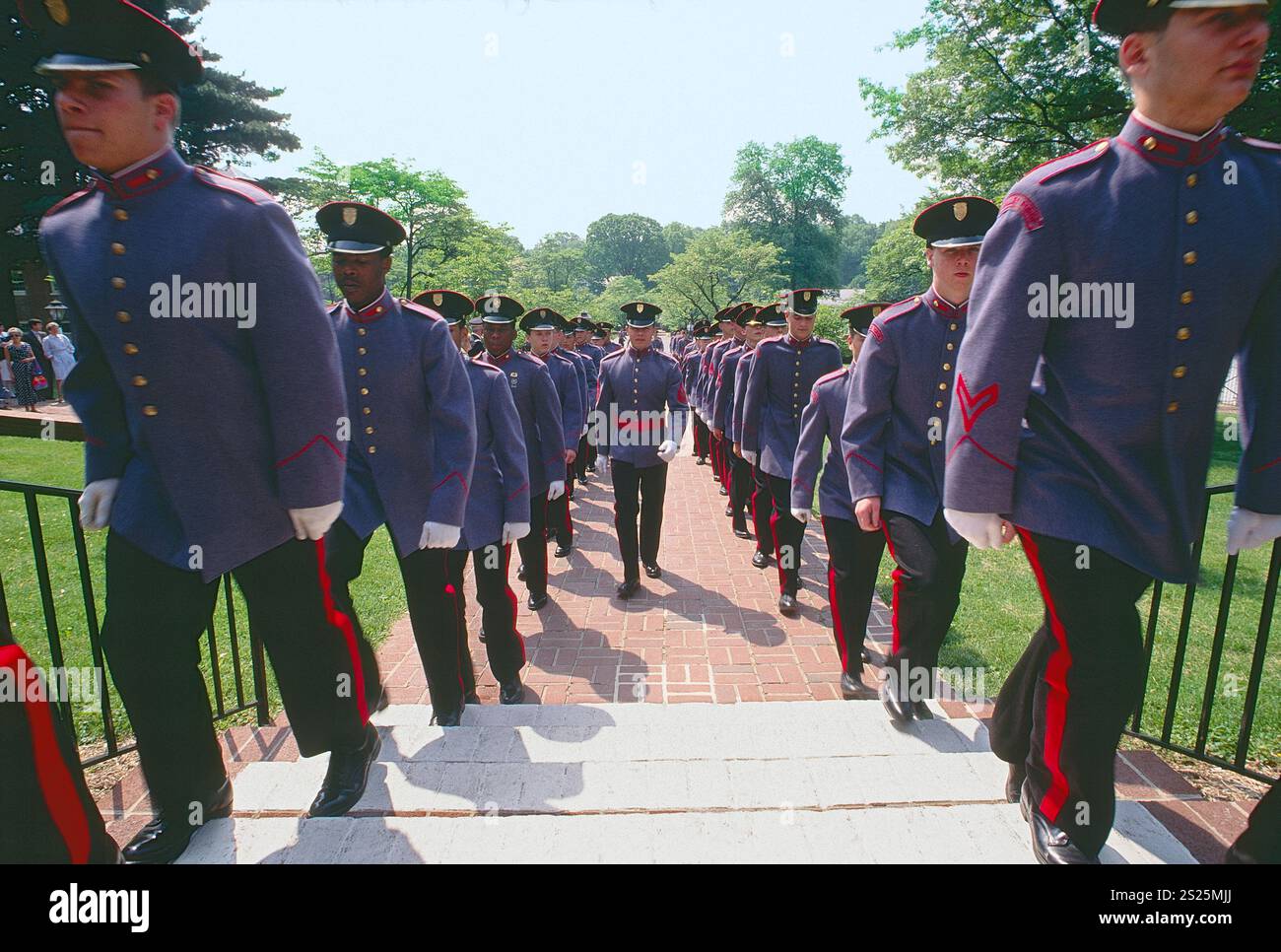 Cadets marching in formation; Valley Forge Military Academy ceremony ...