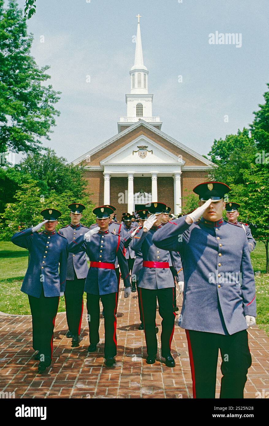 Cadets marching in formation; Valley Forge Military Academy ceremony ...