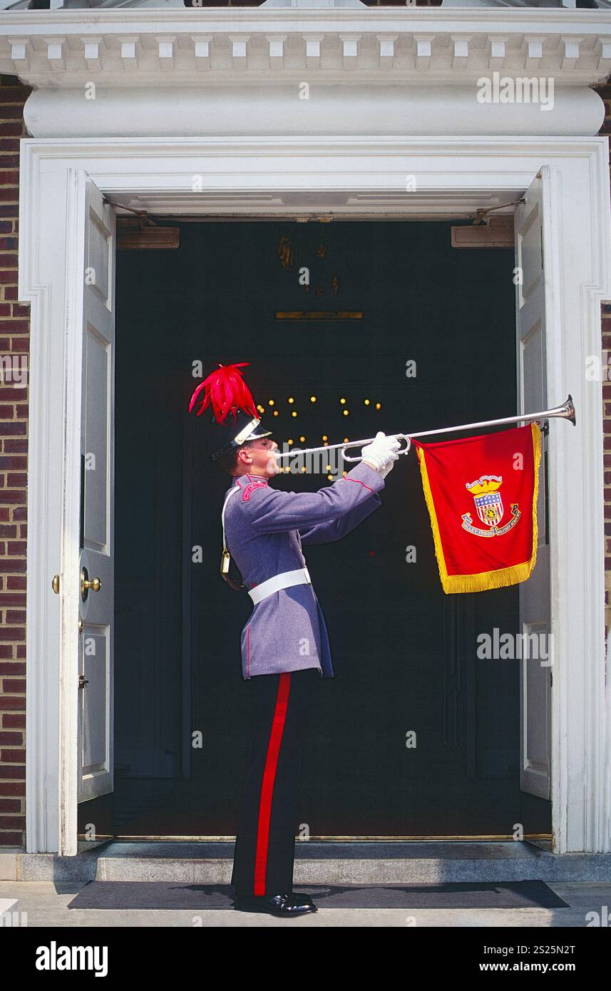 Lone uniformed cadet playing brass horn; Valley Forge Military Academy ...