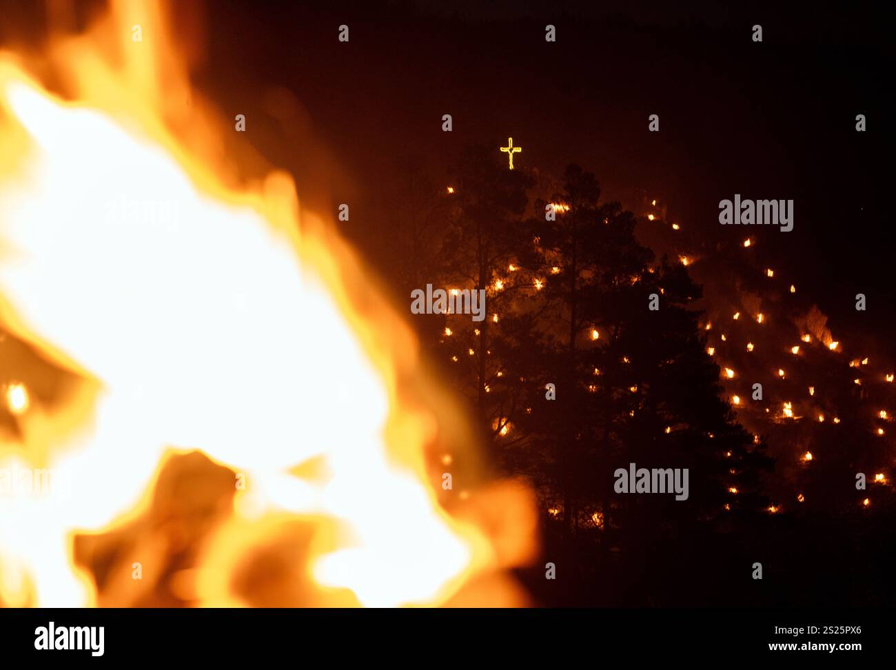 Pottenstein, Germany. 06th Jan, 2025. Numerous mountain fires burn on ...