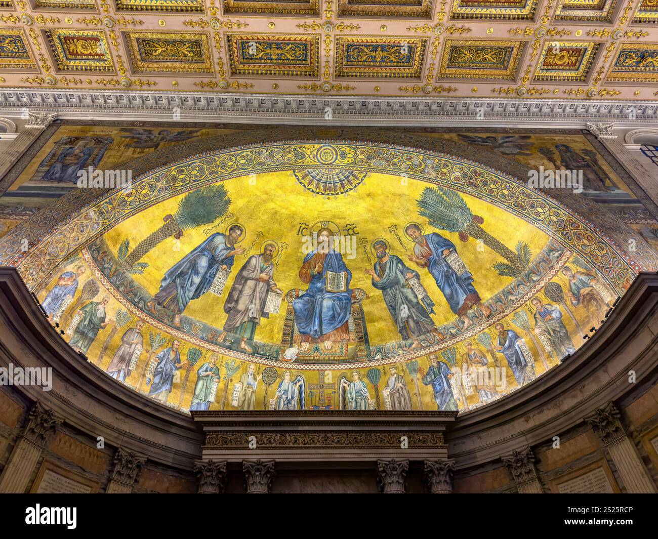 Mosaic of Christ and the Apostles on the ceiling of the apse. Basilica ...