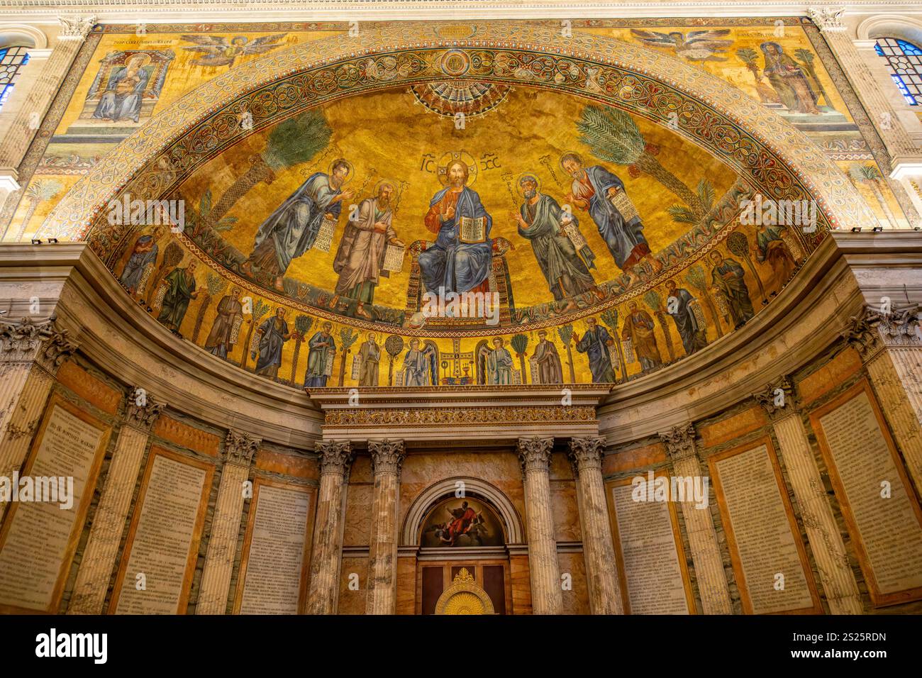 Mosaic of Christ and the Apostles on the ceiling of the apse. Basilica ...