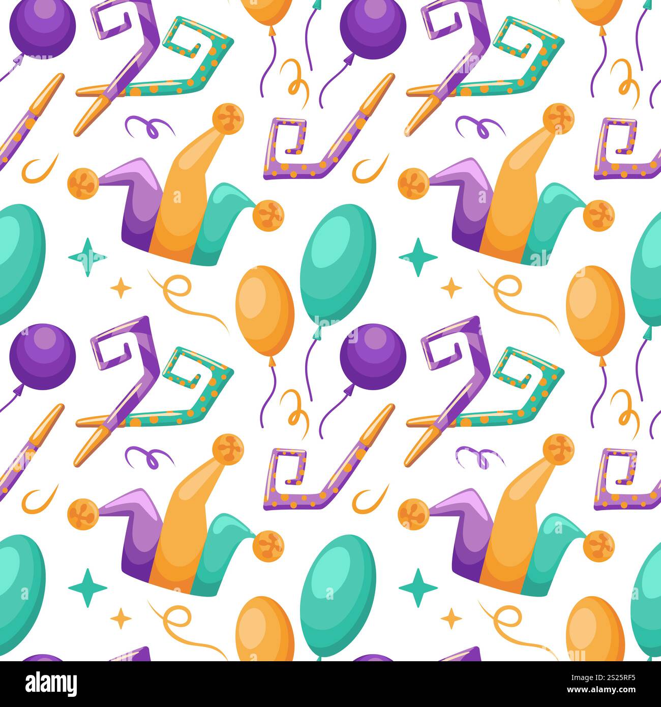 Birthday pattern, party horn, balloons jester hat Stock Vector Image ...