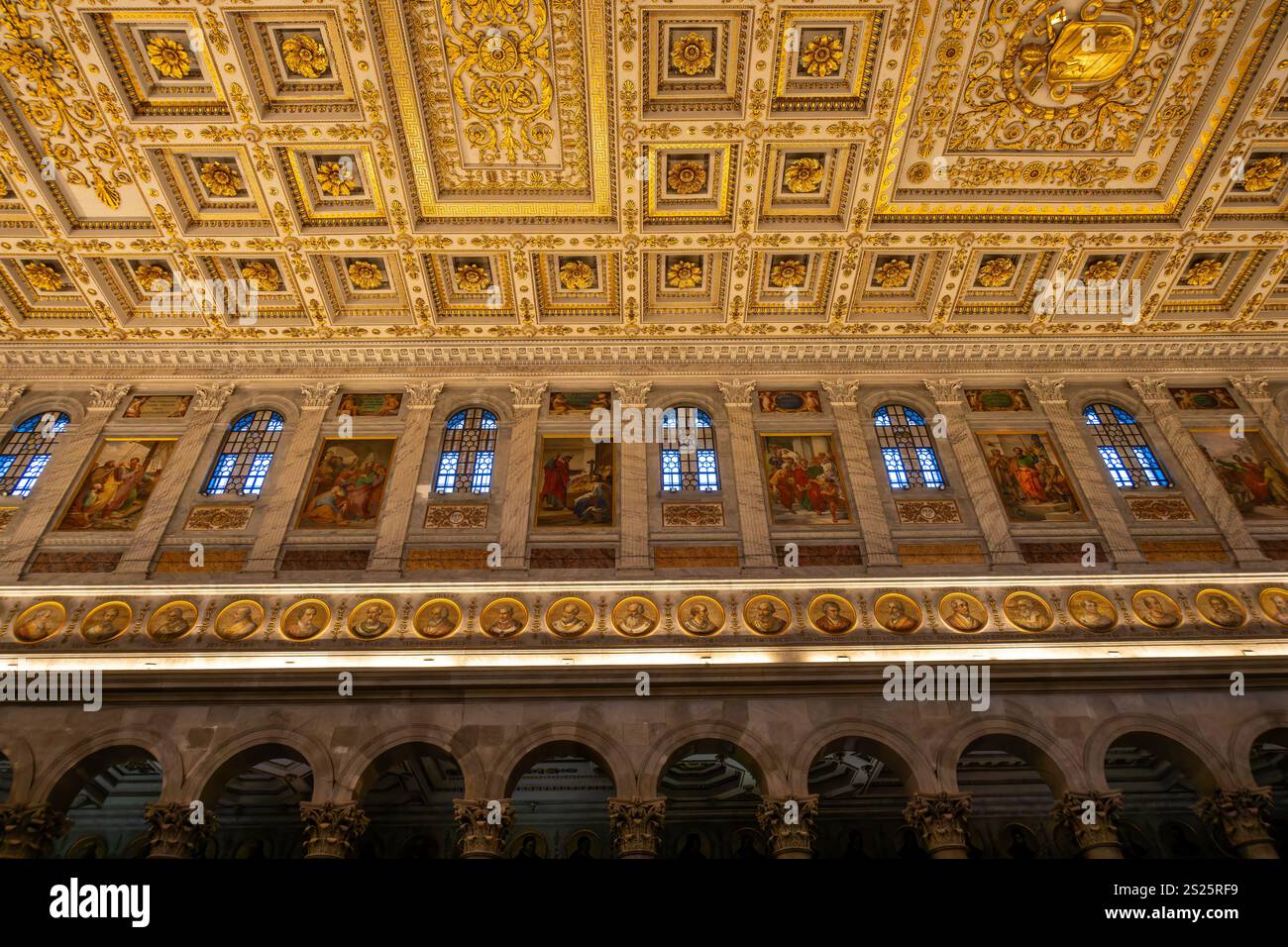 The ornate ceiling of the central nave of the Basilica of St. Paul ...