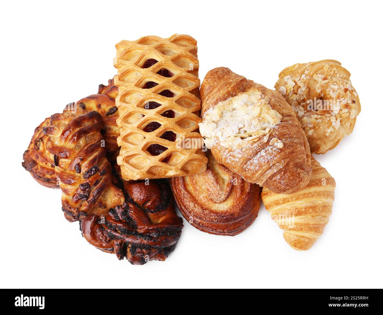 Different delicious sweet pastries isolated on white, top view Stock ...