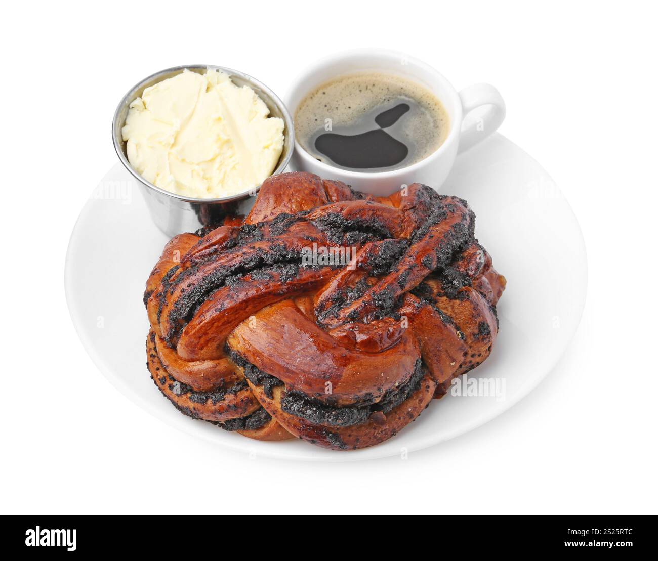 Delicious poppy seed pastry, butter and coffee isolated on white Stock ...