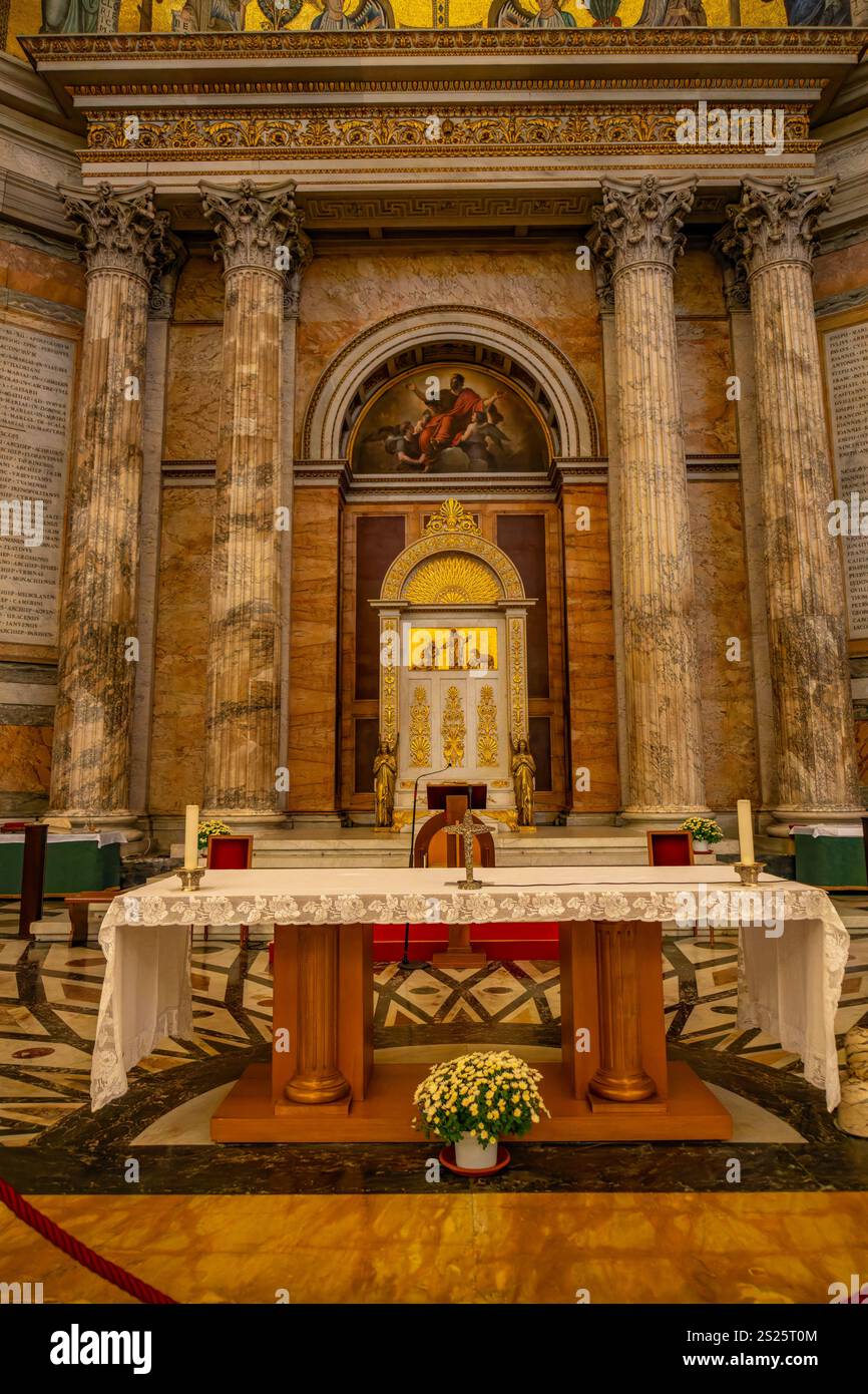 The altar and bishop's throne in the apse of the Basilica of St. Paul Outside the Walls, Rome ...