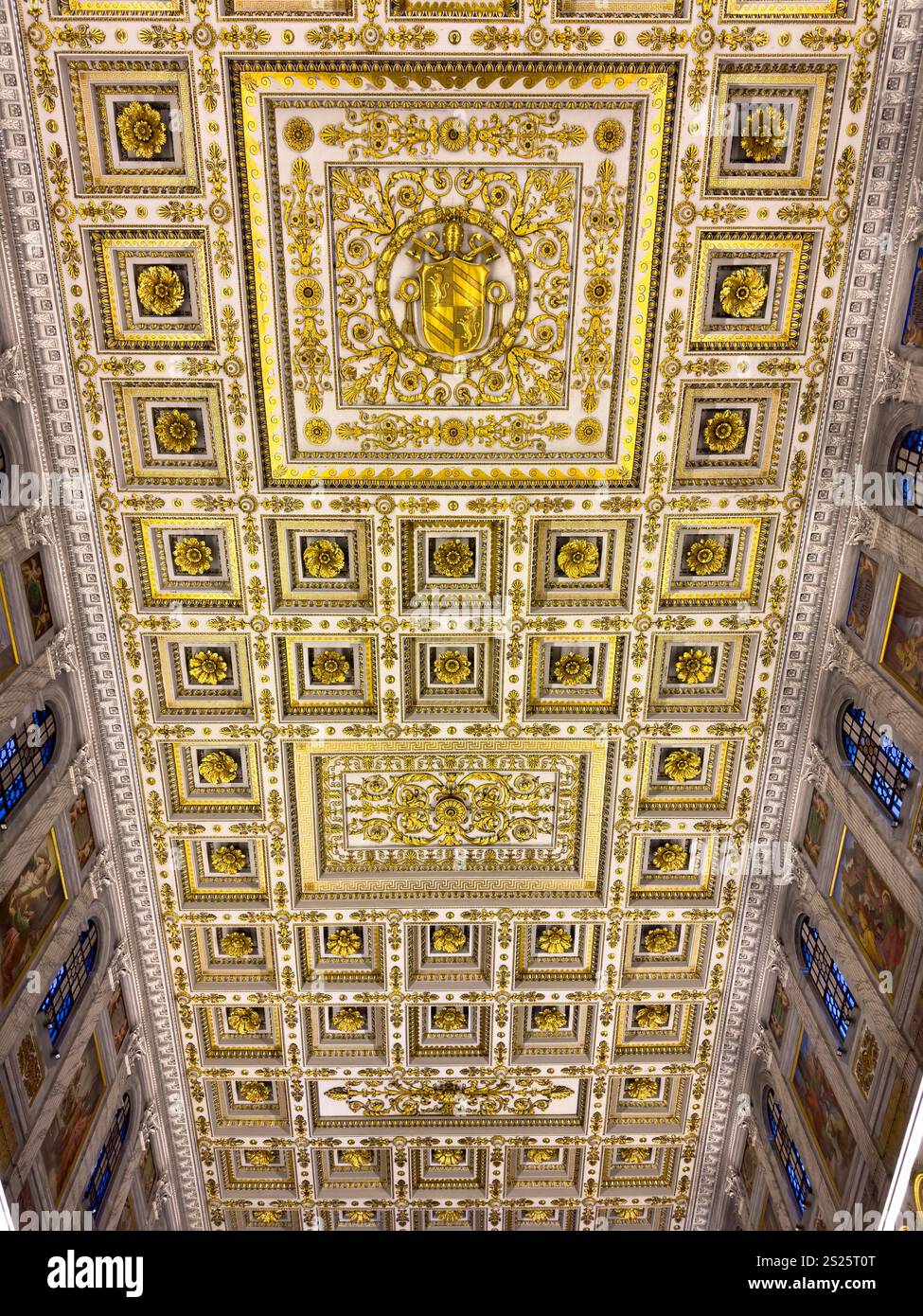 The ornate ceiling of the central nave of the Basilica of St. Paul ...