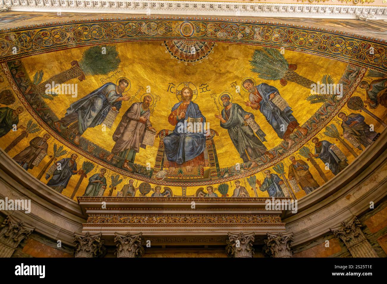 Mosaic of Christ and the Apostles on the ceiling of the apse. Basilica ...