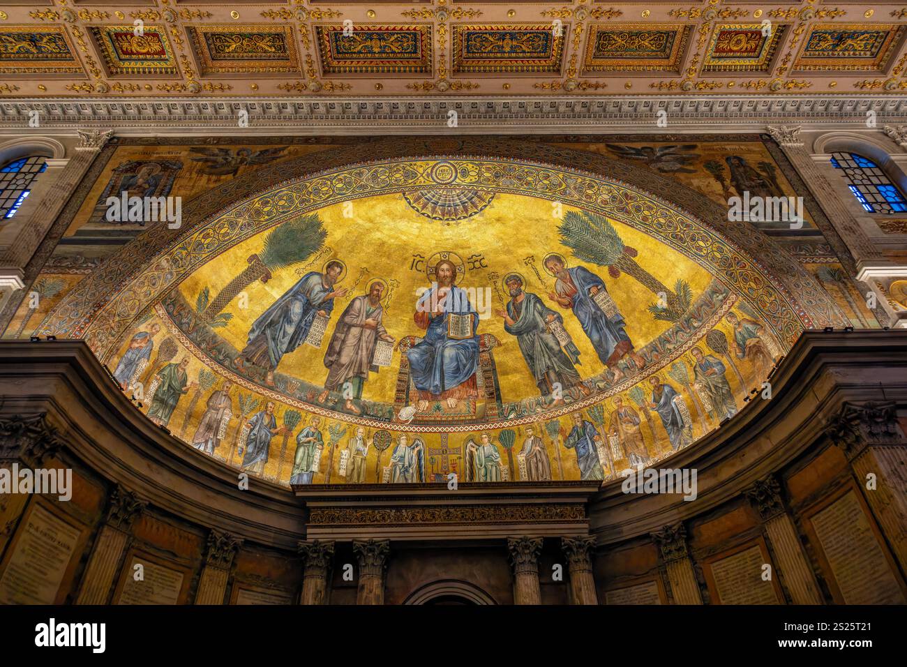 Mosaic of Christ and the Apostles on the ceiling of the apse. Basilica ...