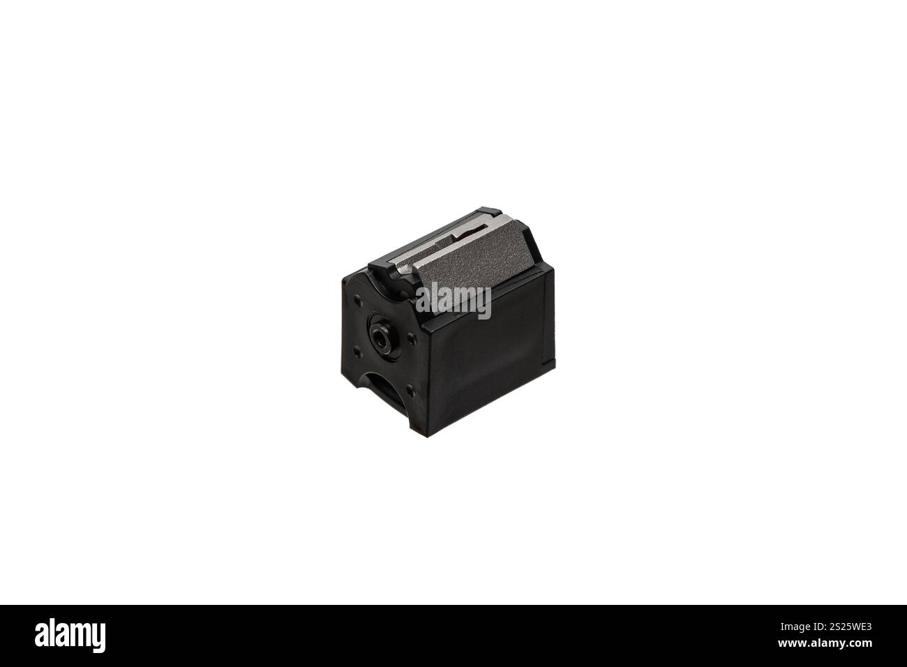 A .22LR rifle magazine, black and rectangular with a metal top, used ...