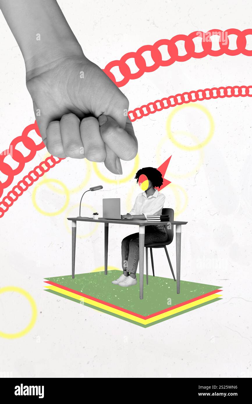 Vertical photo collage of faceless girl sit office table type laptop ...